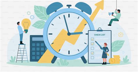 시간 관리 분야 벡터 그림입니다 전구를 들고 있는 만화 작은 사람들 큰 시계 근처의 클립보드 체크리스트에서 작업을 확인하는 연필 바쁜 캐릭터가 도전과 프로젝트를