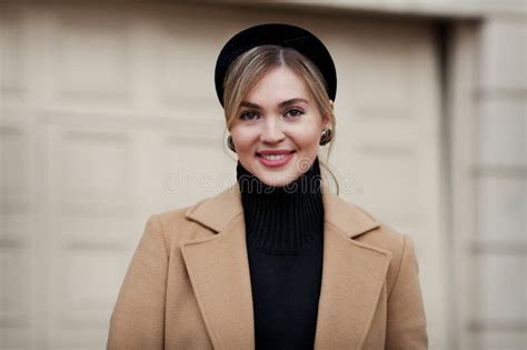 Close Up Portrait Of Beautiful Woman With Brown Eyes Looking In Camera And Smiling Stylish