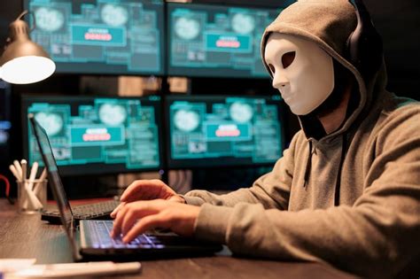 Premium Photo Impostor With Mask Hacking Computer Network At Night Working On Laptop And