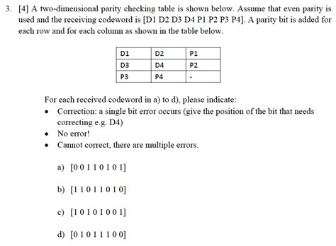 Solved 3 [4] A Two Dimensional Parity Checking Table Is