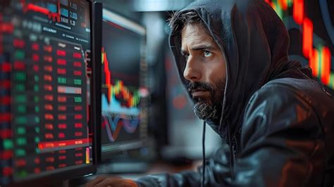 Premium Photo Cybercriminal In Hoodie At Computer With Stock Market