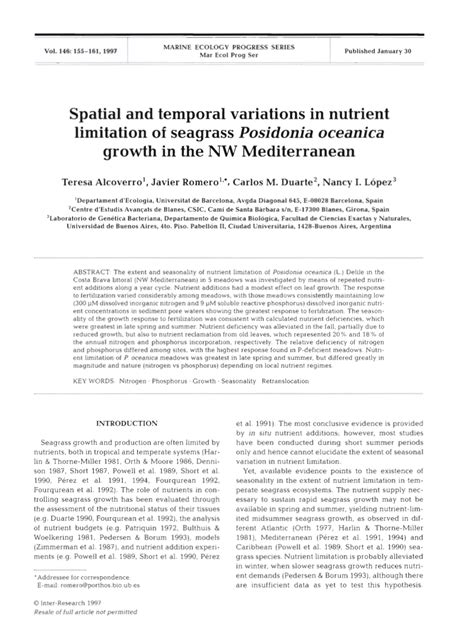 Pdf Spatial And Temporal Variations In Nutrient Limitation Of Seagrass Posidonia Oceanica
