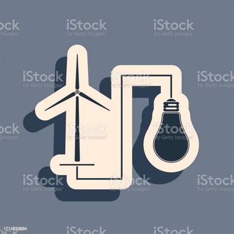 회색 배경에 전력 에너지와 전구 아이콘을 생성하는 검은 풍차 터빈 풍력 공장을 이용한 대체 천연 재생 에너지 생산 긴 그림자 스타일입니다 벡터 일러스트레이션 개념에 대한