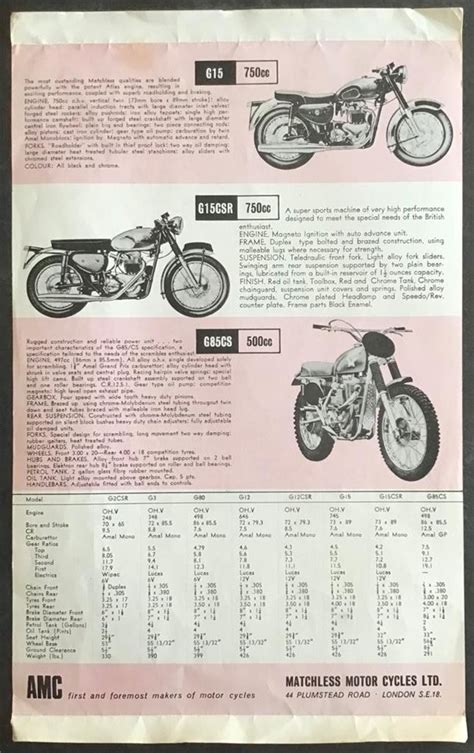 Matchless Motorcycles Sales Leaflet 1964 G2csr G3 G80 G12 G12csr G15