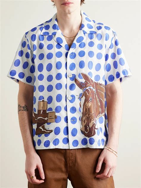 Bode Jockey Dot Camp Collar Printed Cotton Voile Shirt Blue Bode