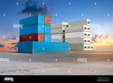 Stack Of Containers Box From Cargo Freight Ship For Import Export At Harbor And Transportation