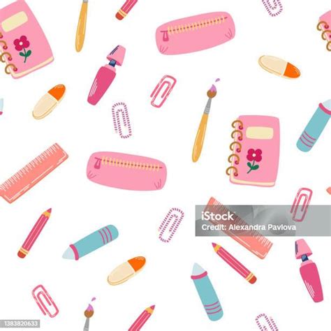 학교는 원활한 패턴을 제공합니다 문구 배경 텍스처 학교로 돌아가기 위해 교육 벽지 전단지 포스터 섬유 선물 포장지 벡터 일러스트 만화 가방에 대한 스톡 벡터 아트 및 기타