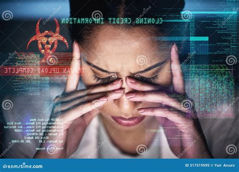 Woman Overlay And Stress With Hacking On Fraud Or Cloning For Credit Card Information Or Data