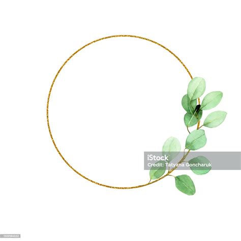 녹색 유칼립투스가 있는 둥근 골드 프레임은 흰색 배경에 남습니다 결혼식 초대장 축하 인사말 카드에 대한 최소한의 디자인 빈티지 스타일 0명에 대한 스톡 벡터 아트 및 기타