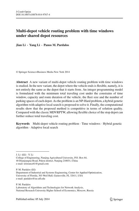 Pdf Multi Depot Vehicle Routing Problem With Time Windows Under Shared Depot Resources