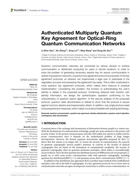Pdf Authenticated Multiparty Quantum Key Agreement For Optical Ring Quantum Communication Networks