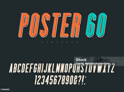 라틴어 대문자 알파벳 문자와 숫자입니다 복고풍 포스터 글꼴입니다 벡터 일러스트레이션 기울어진에 대한 스톡 벡터 아트 및 기타