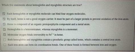 Solved Which Five Statements About Hemoglobin And Myoglobin