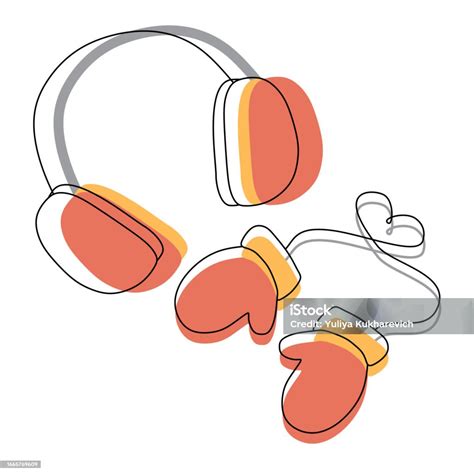 따뜻한 겨울 옷 귀마개와 벙어리 장갑 한 켤레가 흰색으로 분리되어 있다 가을 장식을 위한 플랫 및 라인 아트 보호 의복 디자인 아트 다채로운 장갑과 헤드폰 0명에 대한 스톡