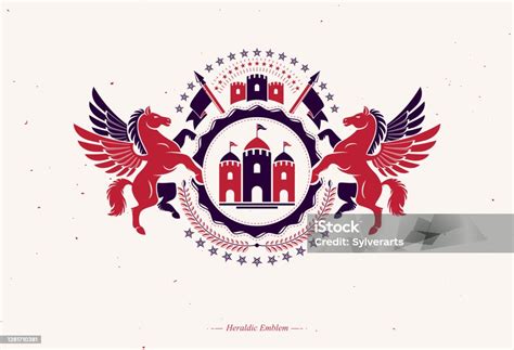 복고풍 빈티지 휘장 신화 페가수스 일러스트레이션 오각형 별 고대 성을 사용하여 만든 벡터 디자인 요소 고대의에 대한 스톡 벡터 아트 및 기타 이미지 Istock