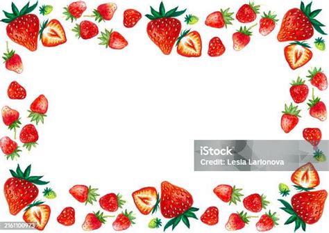 딸기 딸기의 프레임입니다 수채화 흰색 배경 및 복사 공간 개체 그룹에 대한 스톡 벡터 아트 및 기타 이미지 개체 그룹