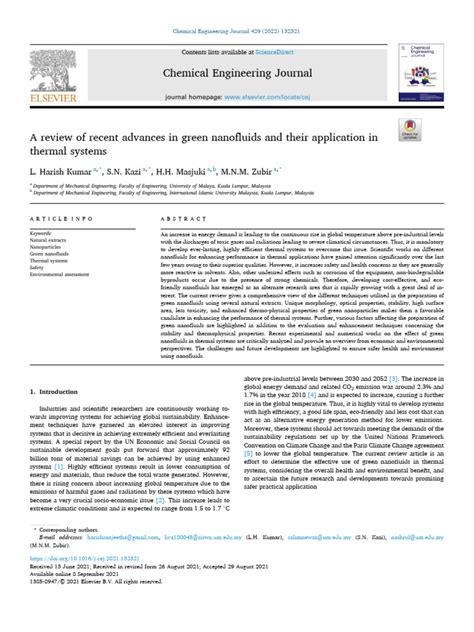 A Review Of Recent Advances In Green Nanofluids And Their Application In Thermal Systems Pdf