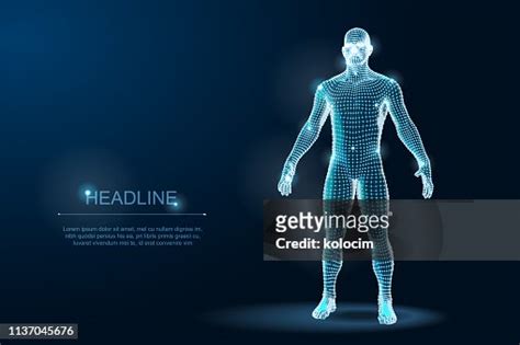 Wireframe 3d Man Body Geometry With Dots And Stars On Dark Background Vector Illustration High