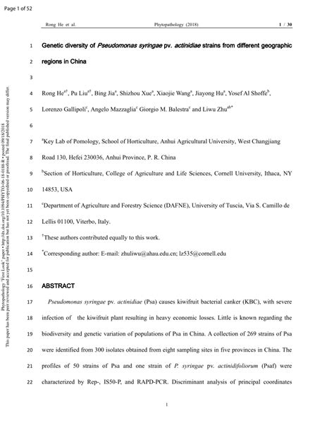 Pdf Genetic Diversity Of Pseudomonas Syringae Pv Actinidiae Strains From Different Geographic
