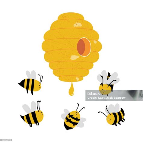 야생 벌집과 귀여운 꿀벌 자연 환경에서의 꿀 생산 평면 벡터 그림입니다 건강한 식생활에 대한 스톡 벡터 아트 및 기타 이미지 건강한 식생활 검은색 곤충 Istock