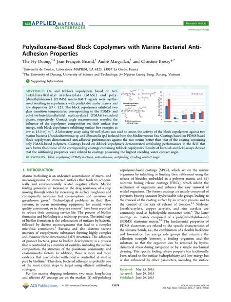 Pdf Polysiloxane Based Block Copolymers With Marine Bacterial Anti Adhesion Properties