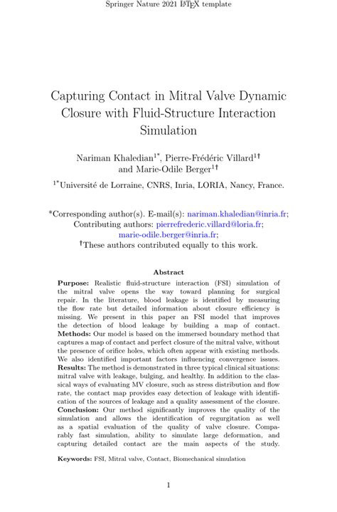 Pdf Capturing Contact In Mitral Valve Dynamic Closure With Fluid Structure Interaction Simulation