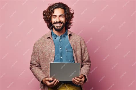 Premium Ai Image Young Man Uses Laptop Smiling Handsome Guy Works On Computer Generative Ai