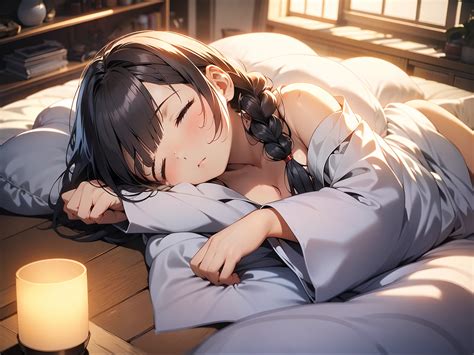 Anime Girl Laying On A Bed With Her Eyes Closed Seaart Ai