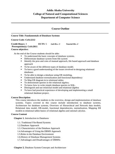 Fundamentals Of Database Systems Course Outlinen Pdf Databases