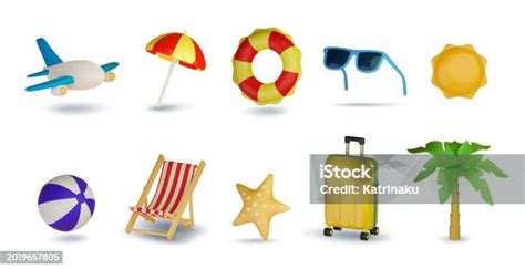 흰색 배경에 여행 아이콘의 3d 세트입니다 휴가 비행기 야자수 선글라스 안락 의자 수영 랩 태양 여행 가방 공 및 우산 벡터