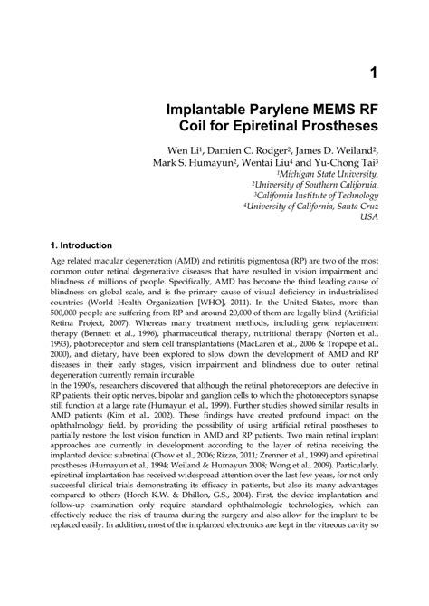 Pdf Implantable Parylene Mems Rf Coil For Epiretinal Prostheses