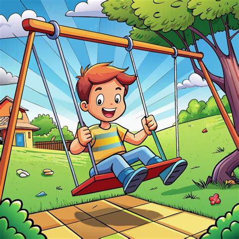мультфильм мальчика на качелях с деревом на заднем плане Премиум Ai сгенерированный вектор
