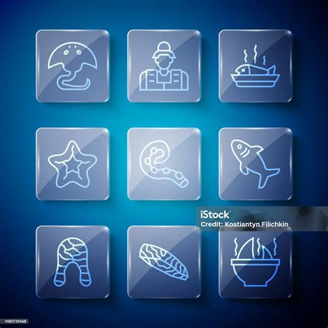 세트 라인 생선 스테이크 상어 지느러미 수프 접시에 생선 제공 촉수의 문어 불가사리 가오리 및 아이콘 벡터 낚시에 대한 스톡 벡터 아트 및 기타 이미지 Istock