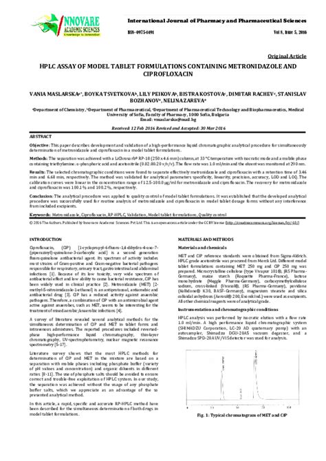 Pdf Hplc Assay Of Model Tablet Formulations Containing Metronidazole And Ciprofloxacin