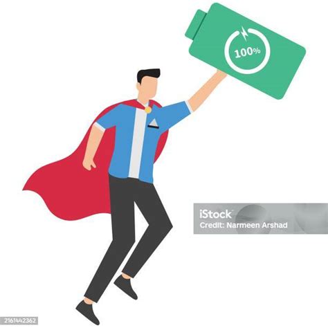 전체 배터리 재충전 전체 에너지 작업 또는 피로 회복 번아웃 복구 연료 직원 또는 생산적이고 효율적인 개념 활기찬 사업가 슈퍼