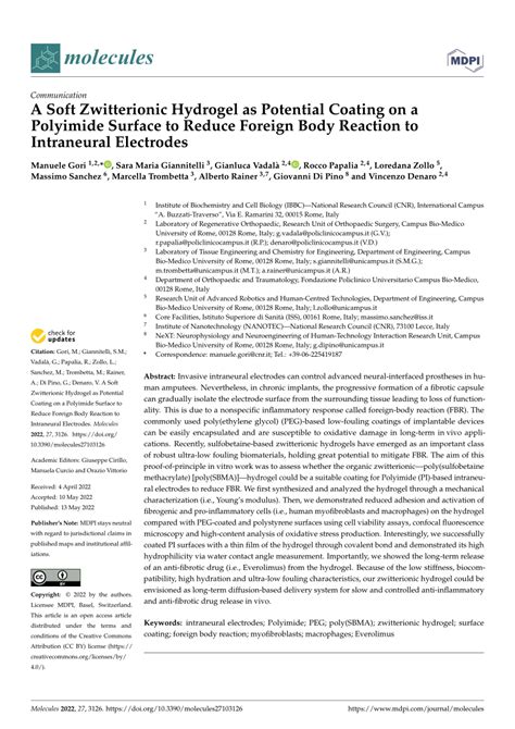 Pdf A Soft Zwitterionic Hydrogel As Potential Coating On A Polyimide