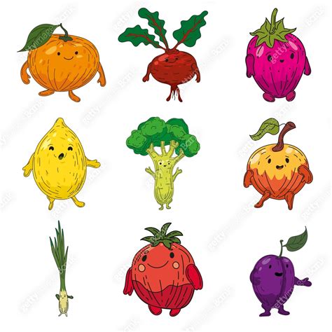 Vegetables Set Hand Drawn Scetch Characters Cartoon Collection Orange Beet Root Strawberry