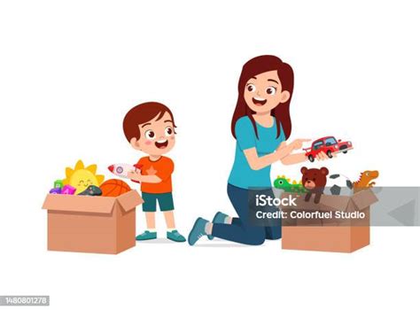 어린 아이는 어머니와 함께 기부를 위해 상자에 장난감을 넣었습니다 가족에 대한 스톡 벡터 아트 및 기타 이미지 가족 공동체 구 Istock