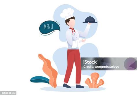 포스터 나 배경에 적합한 맛있는 음식을 제공하기 위해 다른 트레이와 음식과 전문 요리사 만화 캐릭터 요리 그림 귀여운에 대한 스톡 벡터 아트 및 기타 이미지 Istock