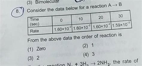 Consider The Data Below For A Reaction A→b Time Sec0102030rate160×10−2