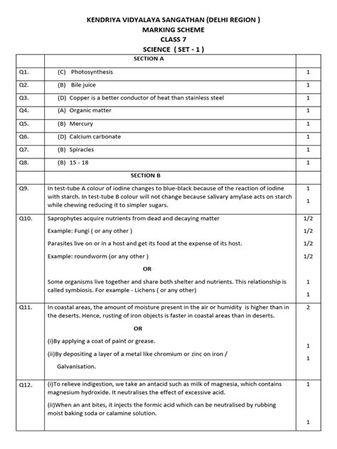 Marking Scheme Class 7 Science Set 1 Pdf Cellular Respiration Digestion