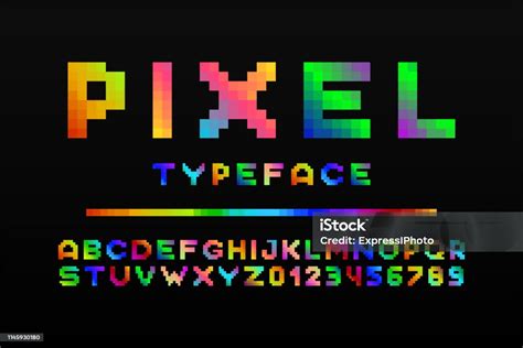 다채로운 픽셀 글꼴비디오 게임 스타일 유행 영어 알파벳입니다 라틴어 문자와 숫자홀로 그래픽 그라데이션 디자인 대본에 대한 스톡 벡터 아트 및 기타 이미지 Istock