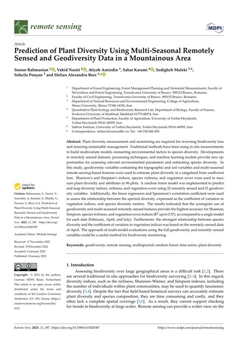 Pdf Prediction Of Plant Diversity Using Multi‑seasonal Remotely Sensed And Geodiversity Data