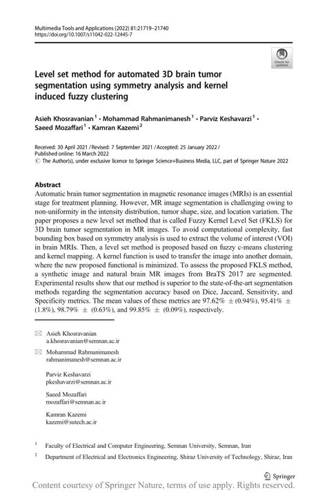 Level Set Method For Automated 3d Brain Tumor Segmentation Using Symmetry Analysis And Kernel