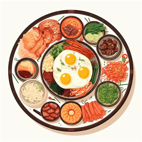 韓国 ベクター アジア イラスト メニューセット 伝統的なレストラン 韓国 料理 料理 Premium Ai生成ベクトル画像