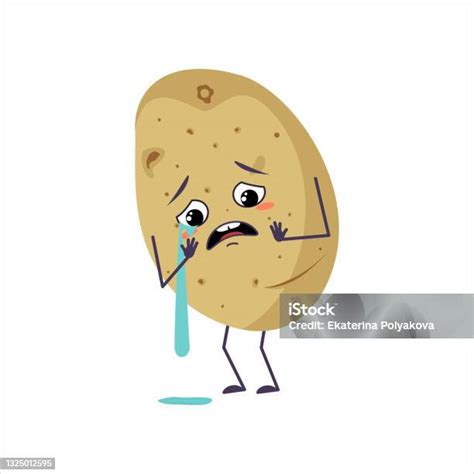 울고 눈물 감정 얼굴 팔과 다리와 귀여운 감자 캐릭터 재미 있거나 슬픈 음식 영웅 야채 가공의 인물에 대한 스톡 벡터 아트 및