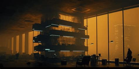 Premium Photo Dimly Lit Office With A Man Standing In Front Of A Large Window Generative Ai