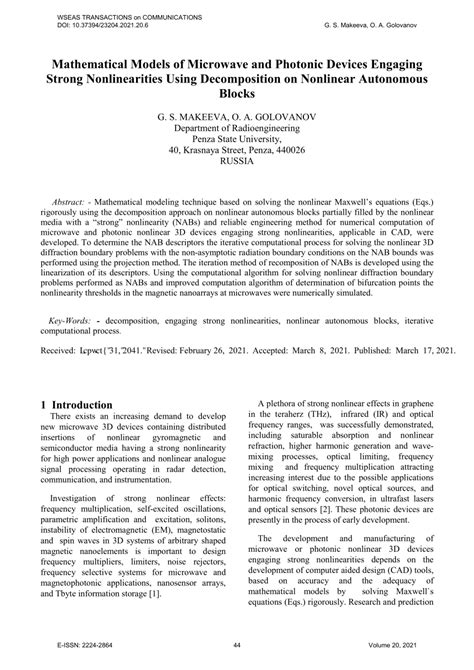 Pdf Mathematical Models Of Microwave And Photonic Devices Engaging Strong Nonlinearities Using