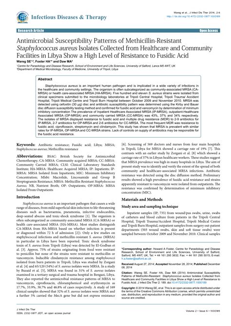 Pdf Antimicrobial Susceptibility Patterns Of Methicillin Resistant Staphylococcus Aureus