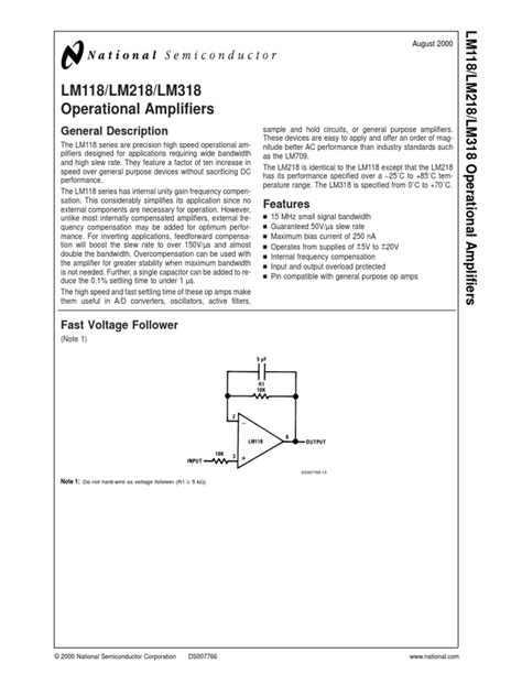 Lm118 Lm218 Lm318 Operational Amplifiers General Description Pdf Amplifier Operational